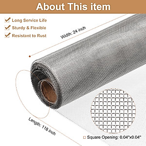 uxcell 20 Mesh 304 Stainless Steel Woven Wire Mesh Screen, 118 inch x 24 inch Hard and Heat Resisting Wire Mesh for Wall, Hole, Garden, DIY Project, Never Rust, Easy to Cut
