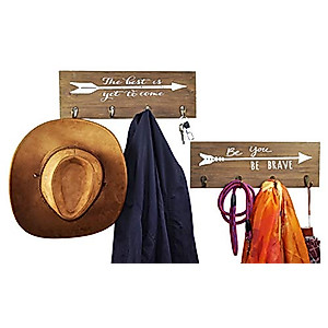 Spiretro Wall Key Hanger, Metal Hook Rack Organize Coat Hat Bag, Leash Holder, Set of 2 for Kids Entryway Hallway, Funny Arrow Sign & Inspirational Words, Rustic Wood_Teak