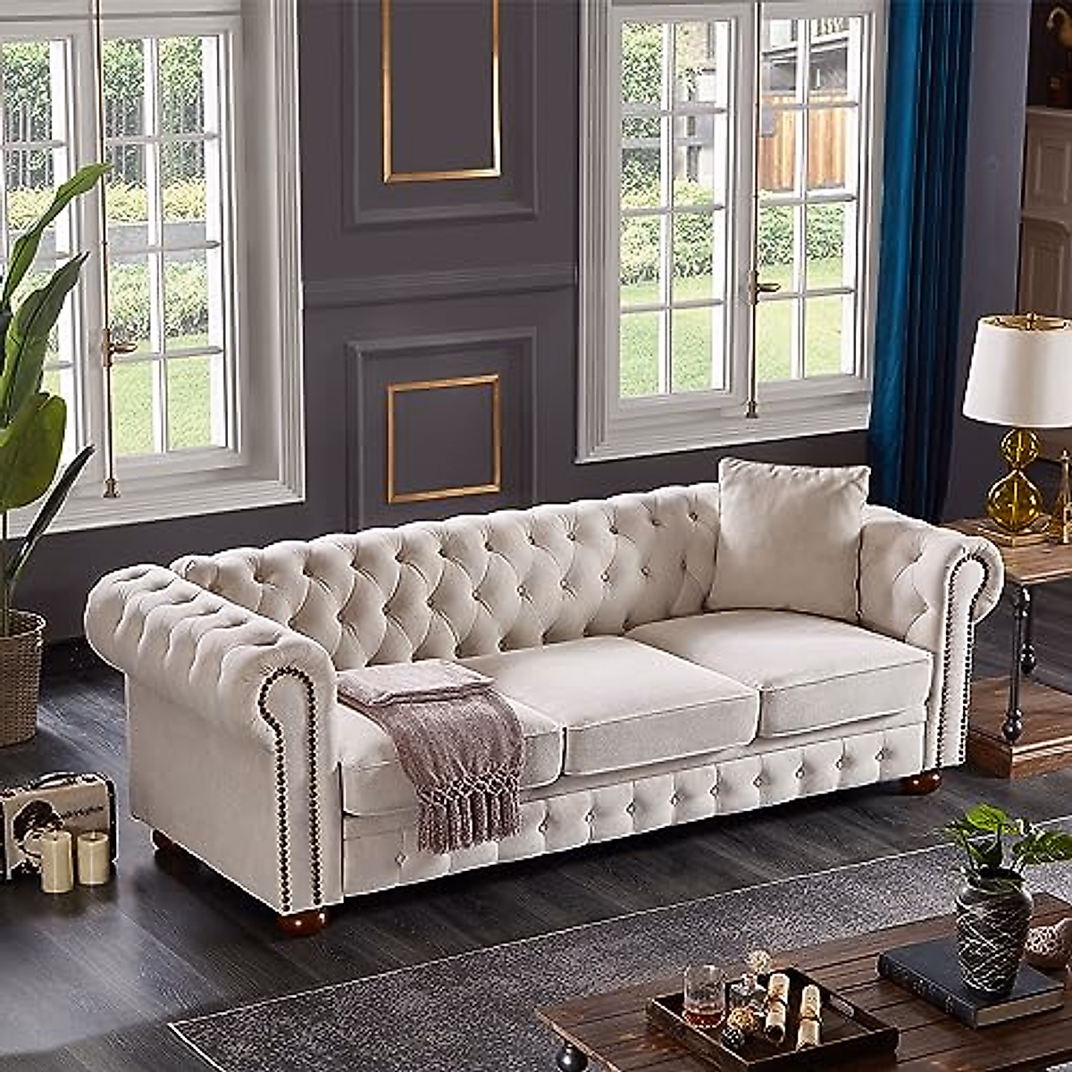 FANYE 88.5" 3-Seaters Chesterfield Clasic Luxury Roller Armrest Special Wood Legs Sectional,Button Tufted Linen Fabric Upholstered Modular Sofa Couch with Removable Cushions & Nailhead Decor, Beige