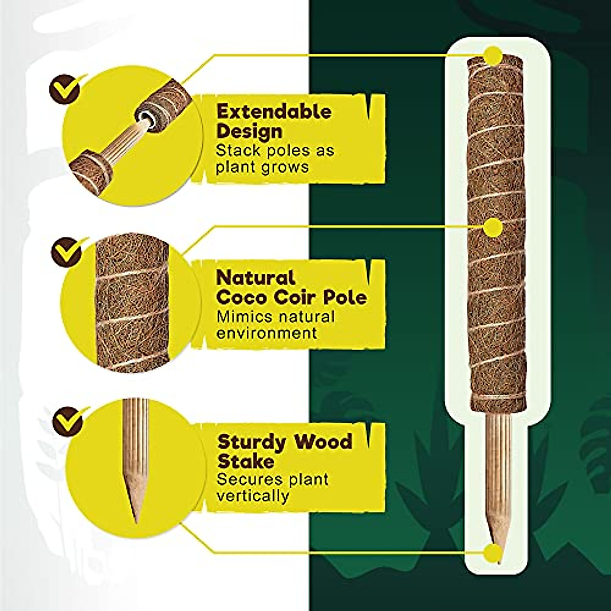 Totem Monkey Moss Pole for Plants Monstera - 47.8 Inch Coir Totem Plant Support - 4 x 15.7 Inch Coco Sticks for Climbing Indoor Potted Plants - 40 Paper Twist Ties - Train Creeper House Plants Grow