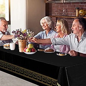 Amatra 4 Pack 108" X 54" Black and Gold Premium Disposable Plastic Tablecloth for 8ft Long Rectangle Tables, Waterproof Covers for Party, Picnic, Banquet & Kid’s Activities