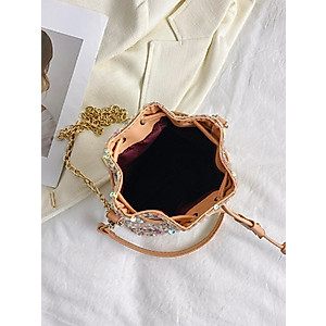 Verdusa Women's Sequin Drawstring Bucket Bags Glitter Crossbody Handbag Mini Purse Khaki one-size