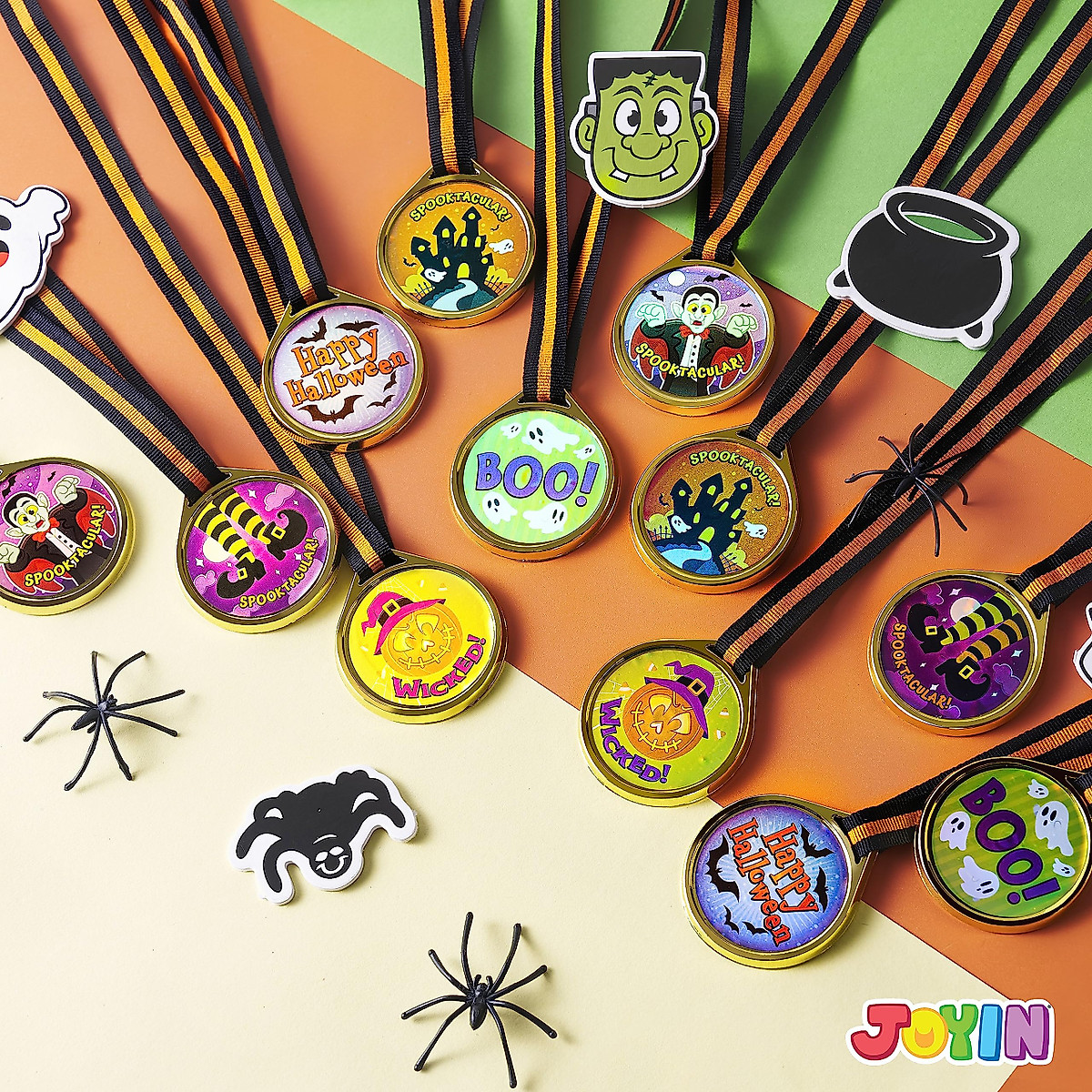 JOYIN 24 PCS Halloween Medal Trophies and Trophy Ribbons for Halloween Award Party Celebration and Spooky Contest Rewards, Halloween Party Favors for Kids, Carnival Game Prizes