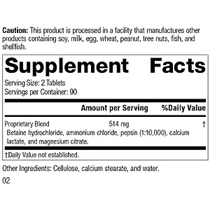 Standard Process Betaine Hydrochloride - Whole Food GI and Digestive Health Supplement with Magnesium Citrate, Betaine HCl, Ammonium Chloride, Pepsin, and More - 180 Tablets