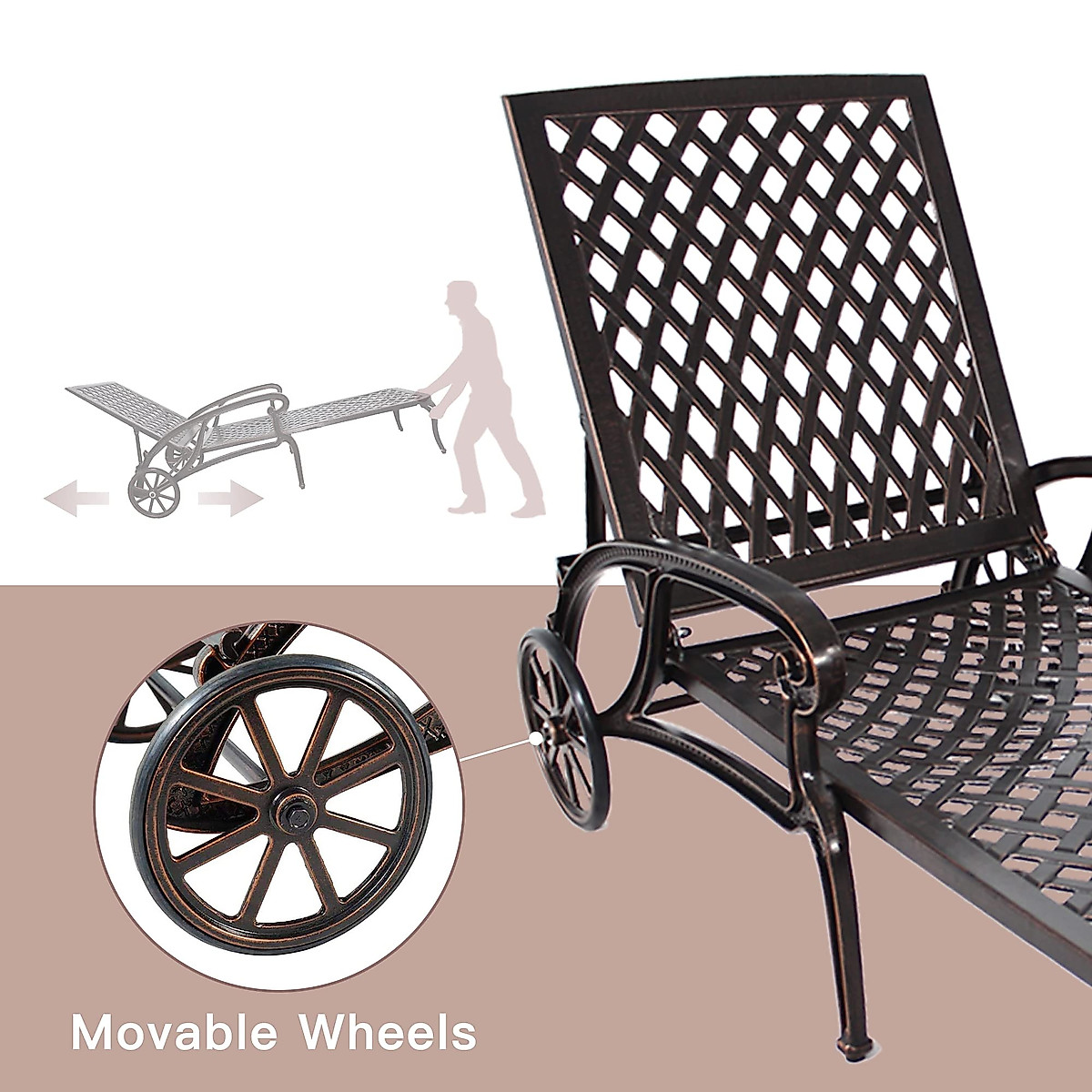 Villeston Chaise Lounges for Outside - Lounge Chairs Outdoor Set of 3 Pool Tanning Chair Adjustable Patio Recliner with End Table Cast Aluminum for Beach Yard, Antique Bronze