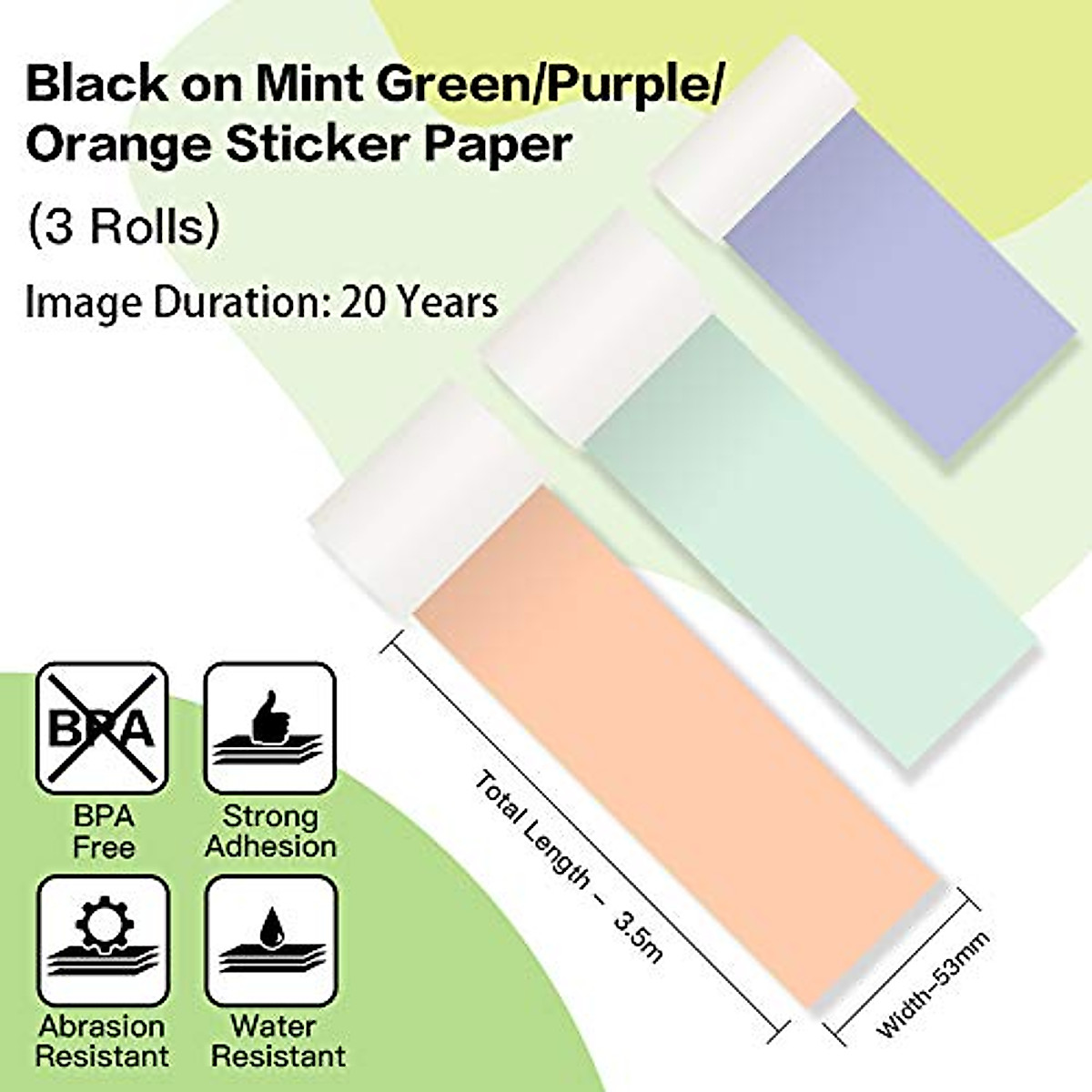 Phomemo Colorful Thermal Sticker Paper M02/M02 Pro/M02S/M03 Mini Printer, Black Character on Mint Green/Purple/Orange, 50mm x 3.5m, Diameter 30mm, 3 Rolls