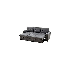 Maykoosh Lakeside Living Linen Cotton Upholstery Fabric Reversible 3 Seating Sectional Sleeper Sofa Chaise with Storage - 86" D x 54" W x 35" H Steel Gray
