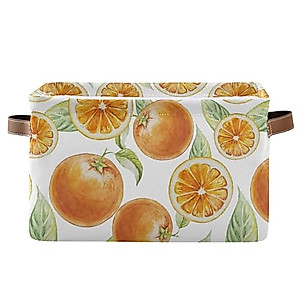 Orange Fruit Leafs Storage Basket Bins Collapsible Toy Storage Bins with Handles Laundry Baskets for Bedroom Office Clothes Pet Nursery Living Room,1 pcs