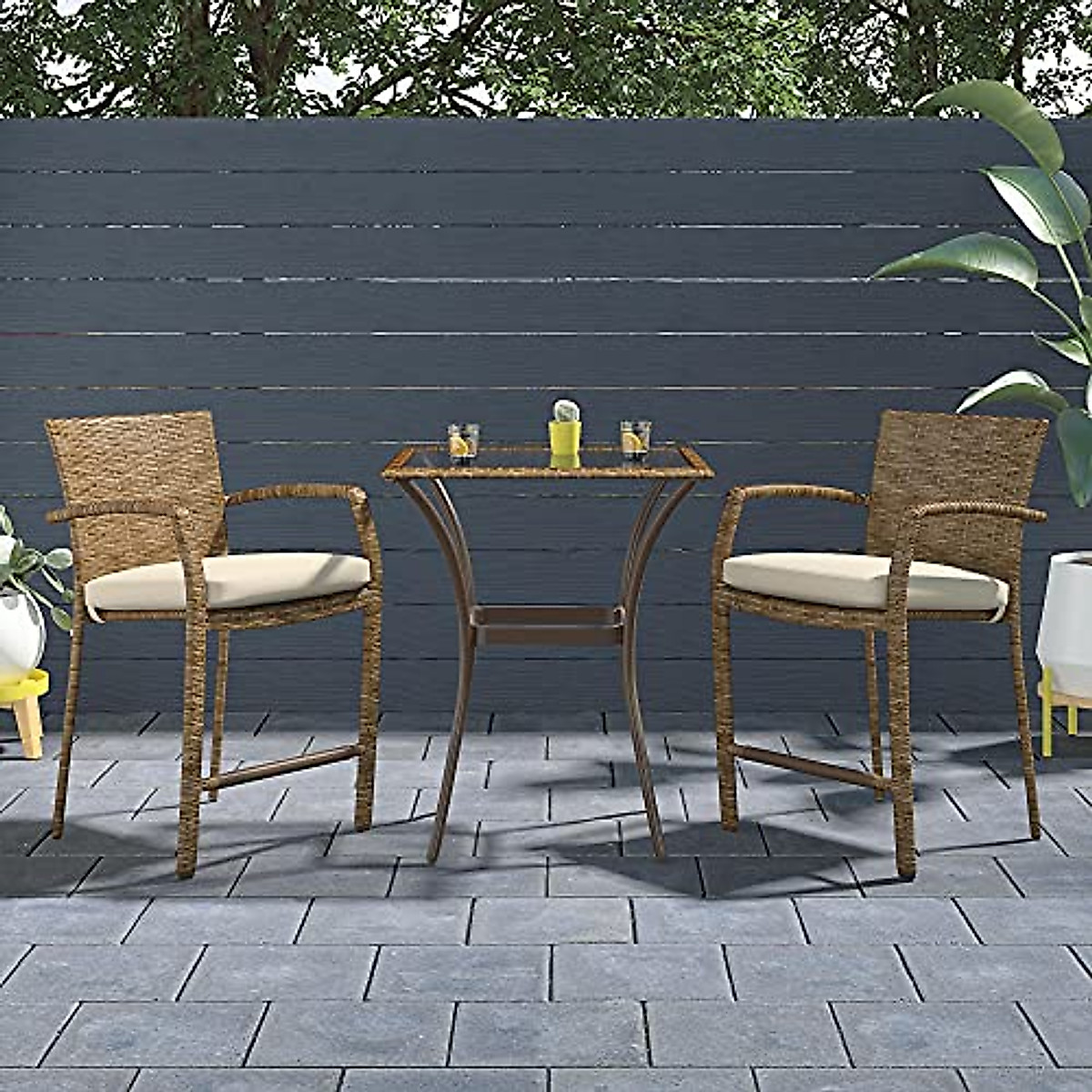 Cosco Outdoor 3 Piece High Top Bistro Lakewood Ranch Steel Woven Wicker Patio Balcony Furniture Set with Cushions, Brown