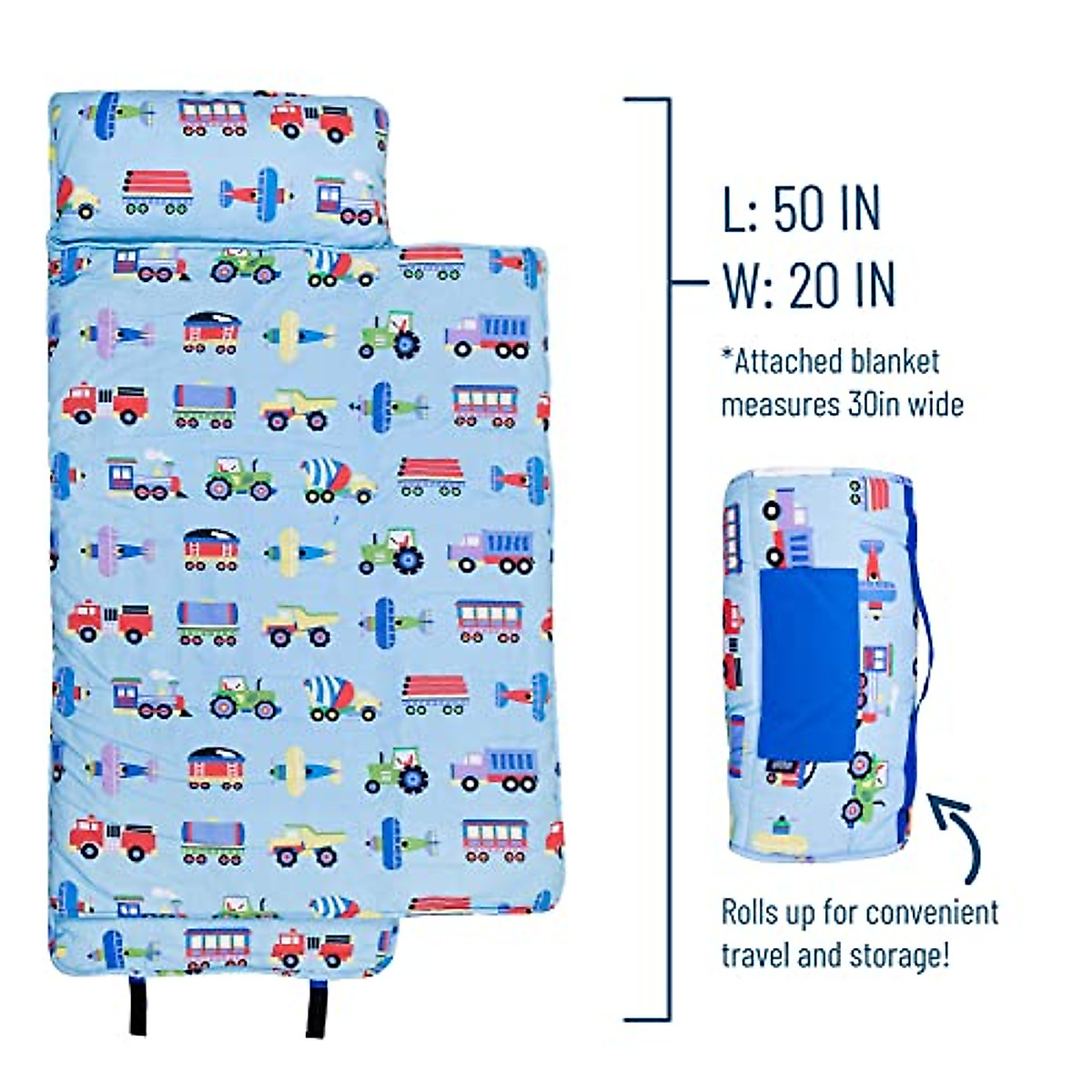 Wildkin Original Nap Mat with Reusable Pillow for Boys & Girls, Perfect for Elementary Daycare Sleepovers, Features Hook & Loop Fastener, Cotton Blend Materials Nap Mat (Trains, Planes, and Trucks)