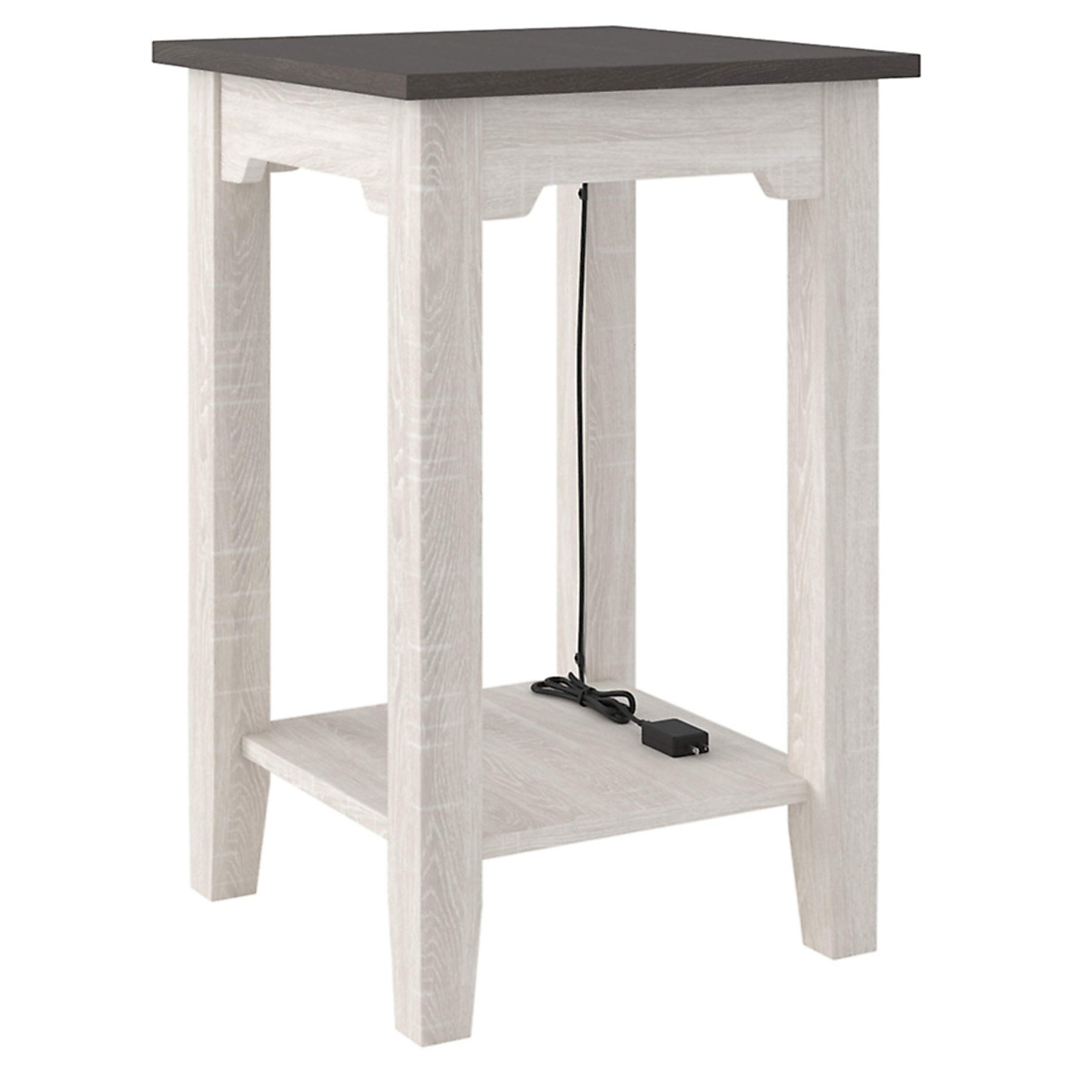 Signature Design by Ashley Dorrinson Square Chair Side End Table with Lower Fixed Shelf and USB Charging Port, Antique White & Brown
