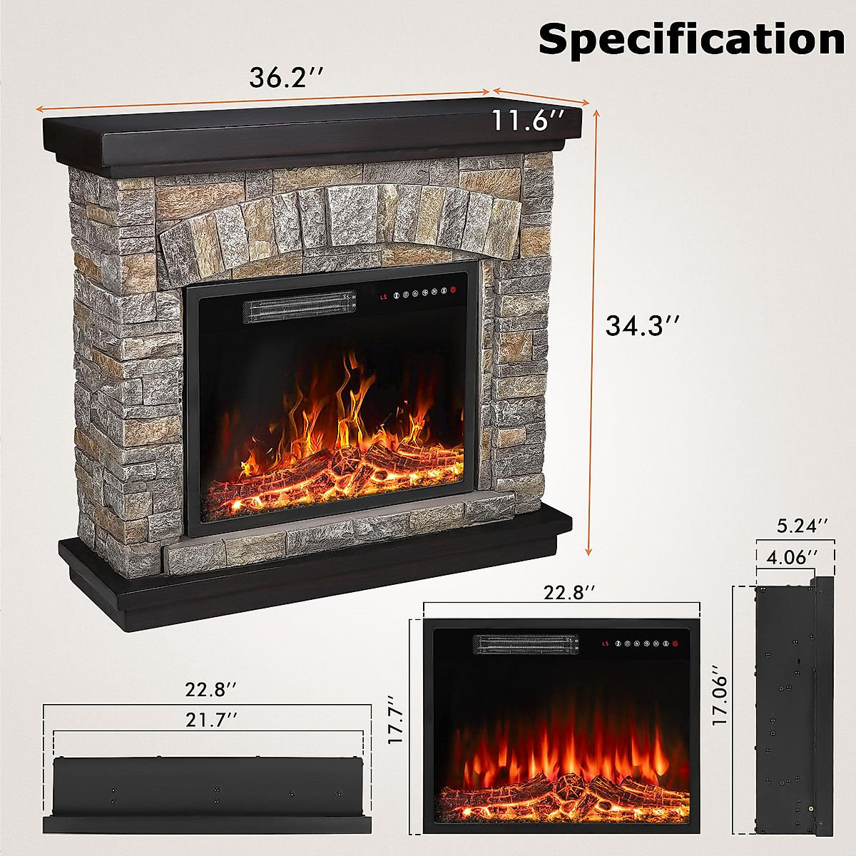 PUKAMI Electric Fireplace with Mantel,Freestanding Stone Fireplace Heater TV Stand with Remote Control, Realistic Flame Effect and 3D Log, 750W/1500W (36 inch)