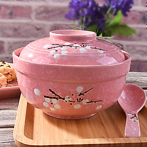 Whitenesser Ceramic Bowl with lids, Japanese Big Ceramic Ramen Bowl with Lid for Soup Rice Noodle and Porridge (Pink Flower