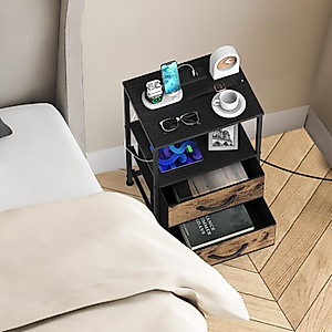YBING Nightstand with Charging Station White Night Stand End Table with Fabric Drawers Side Table with Storage for Bedroom Living Room