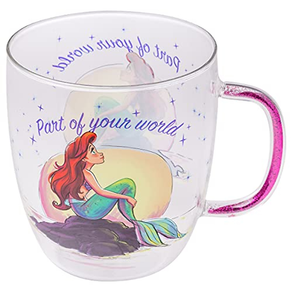 Silver Buffalo Disney Princess Ariel Little Mermaid Part of Your World Glitter Handle Glass Mug, 14 Ounces