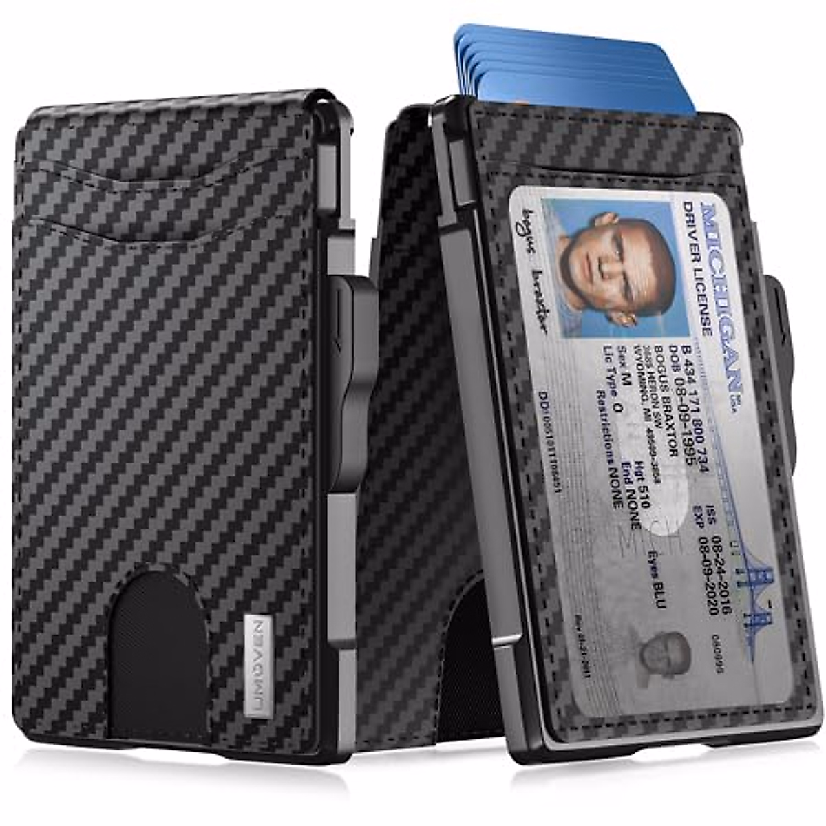 umoven Wallet for Men - Slim Leather RFID Blocking Bifold Minimalist Wallet with Metal Pop-Up Card Holder, Money Clip, Credit Card Slots - Men's Wallet, Carbon Fiber