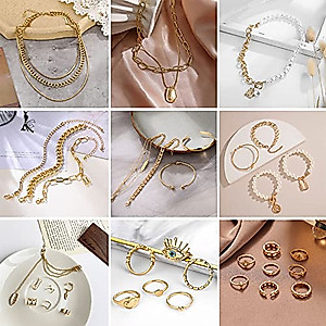 IFKM 36 PCS Gold Plated Jewelry Set with 4 PCS Necklace, 11 PCS Bracelet, 7 PCS Ear Cuffs Earring, 14 Pcs Knuckle Rings for Women Girls Valentine Anniversary Birthday Friendship Gift