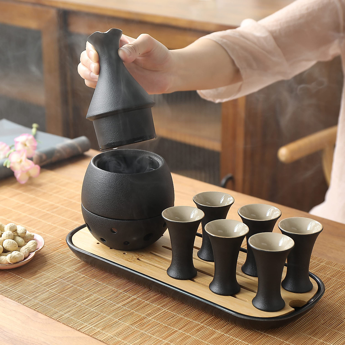 TEANAGOO Ceramic Sake Set with Warmer Pot Bamboo Tray, 10pcs/Set. T2 Regular Kraf Box Safe Packing, Sake Carafe(6 Oz) with 6 Sake Cups (0.9 Oz) for Hot or Cold Japanese Soju…