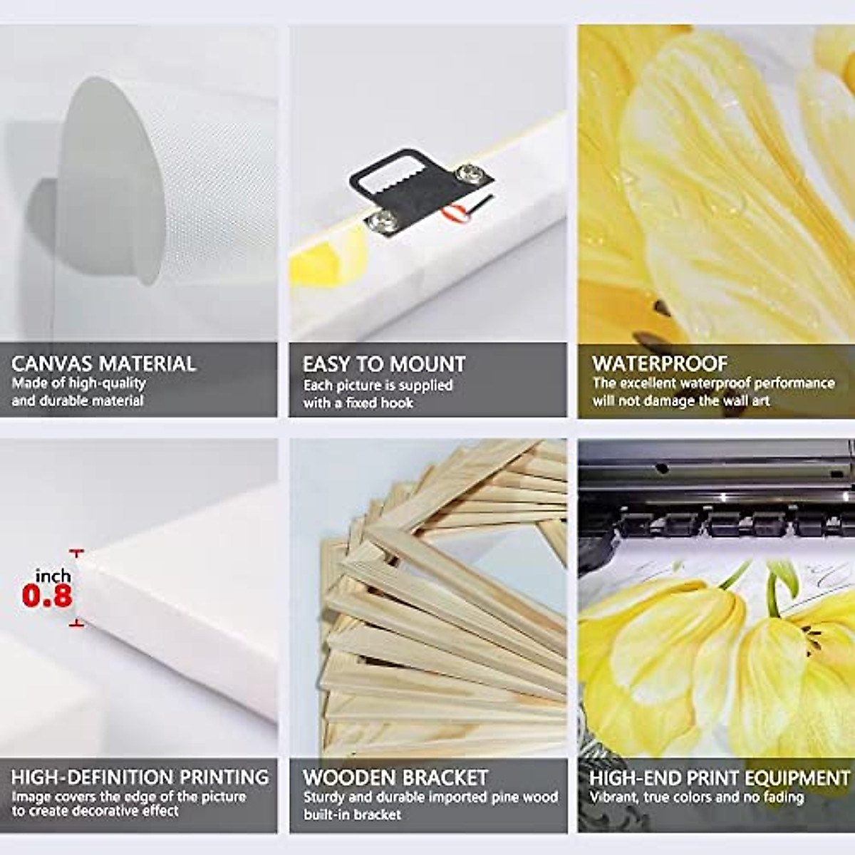 Wall HDQ Yellow Gray Wall Art Canvas Flowers Birds Wall Decor for Living Room Bathroom Abstract Modern Floral Large Posters Print Artwork Framed Hang Pictures for Home Decorations 12''x12'' x4 Panels