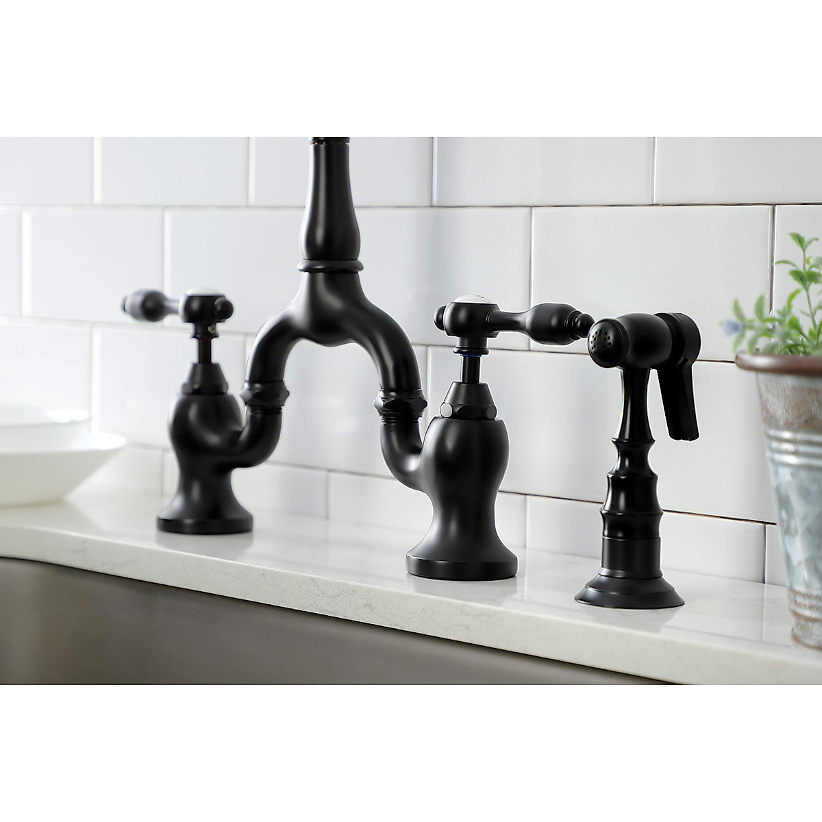 Kingston Brass KS7750TALBS Tudor Bridge Kitchen Faucet, Matte Black, 13.88 x 8.25 x 14.5