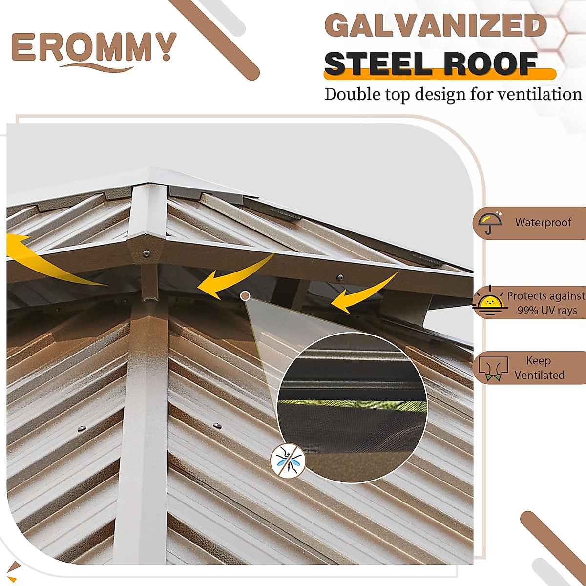 EROMMY 12'x18' Hardtop Gazebo,Galvanized Steel Double Roof Metal Gazebos with Curtain and Netting, Brown Permanent Pavilion Canopy with Aluminum Frame for Patios,Gardens,Lawns