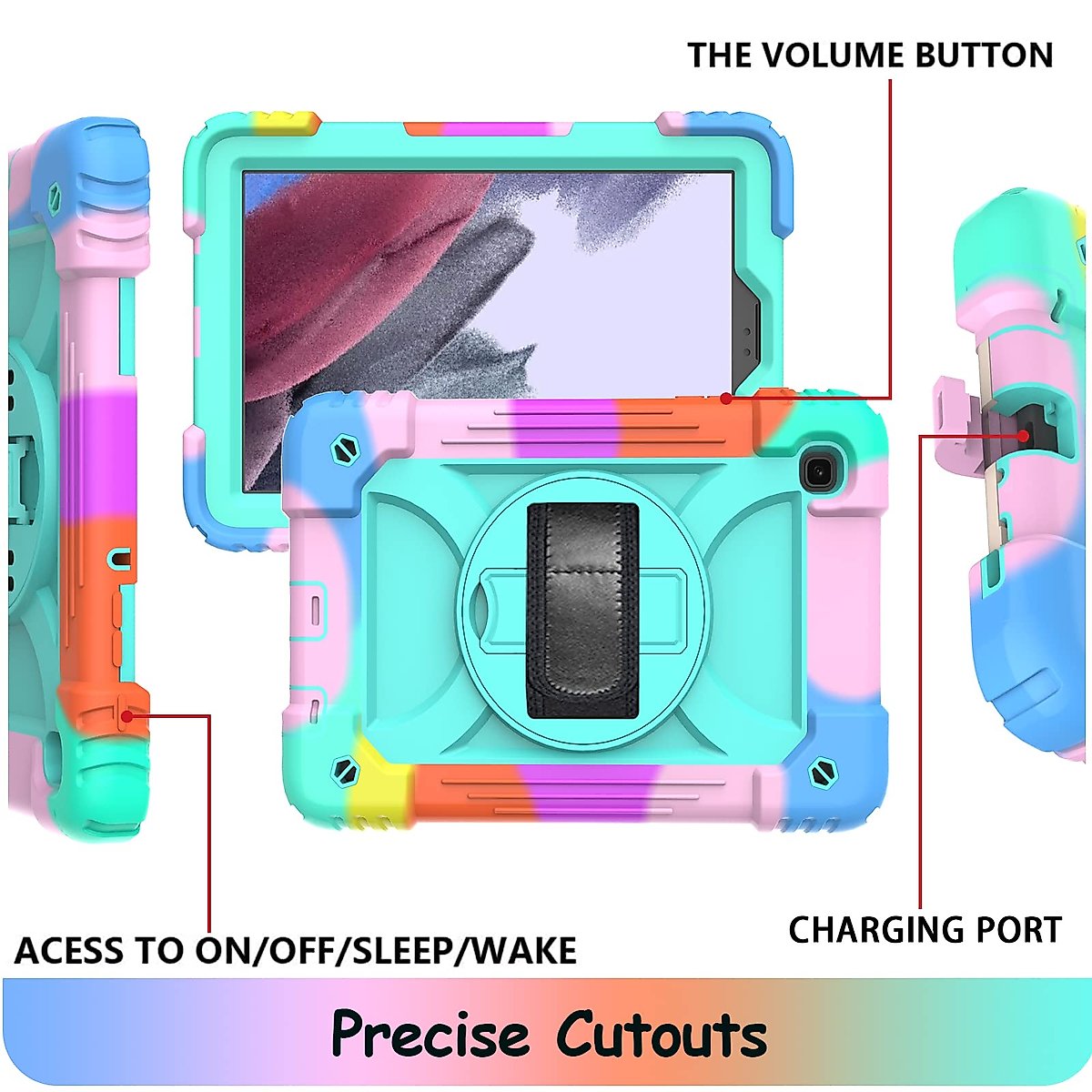 LTROP Samsung Galaxy Tab A7 Lite Case,Galaxy Tab A7 Lite Case for Kids,3-Layer Shockproof Cover Case with Swivel Stand/Hand Strap for Samsung Galaxy Tab A7 Lite 2021 8.7 Inch (SM-T225/T220), Aqua Teal