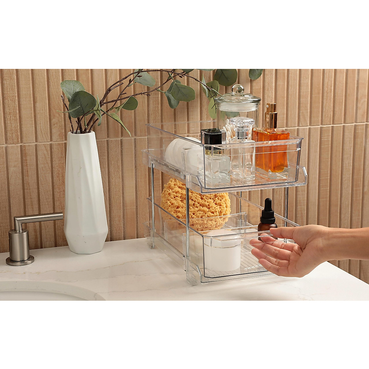 2-Tier Clear Organizer - Pull-Out Kitchen Pantry & Medicine Cabinet Storage - Bathroom Vanity Counter & Under-Sink Slide-Out Tray w/Dividers - Multipurpose Organizing Bins - Closet Container