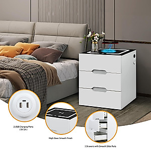 LED Nightstand with 3 Drawers, 3-Color Dimmable LED Light Bedside Table with Wireless Charging Station & 2 USB Port via Touch Screen End Table Bedroom Furniture (White)
