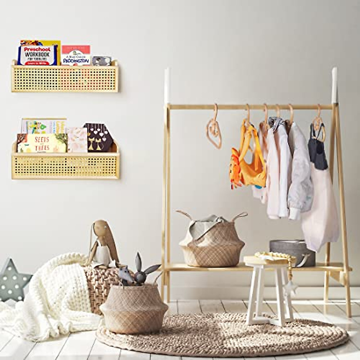 Orangepals Rattan Baby Hangers - Bamboo Clothes Hangers - Rattan Décor - Wooden Baby Hanger - Boho Nursery Décor - Set of 4