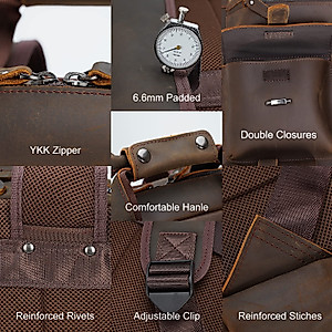 Masa Kawa Genuine Leather Backpack for Men Vintage 15.6 Inch Laptop Bag Multi Pockets Rucksack Casual Travel Daypack Brown