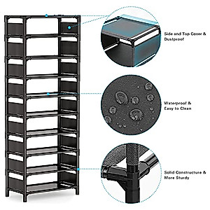 sunvito 10 Tiers Shoe Rack, Tall Narrow Shoe Rack Sturdy Stackable Shoe Shelf Storage Organizer, Holds 20-25 Pairs Vertical Shoe Stand for Closets, Entryway, Black