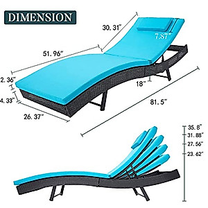 Patiomore Outdoor Lounge Chair, Patio Wicker Adjustable Backrest Double Chaise Lounge with Thick Blue Cushion for Beach Pool Yard, 2 Pack