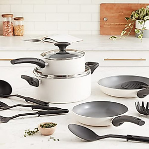 BELLA Cookware Set, 12 Piece Pots and Pans with Utensils, Nonstick Scratch Resistant Cooking Surface Compatible with All Stoves, Nylon and Aluminum, Cream