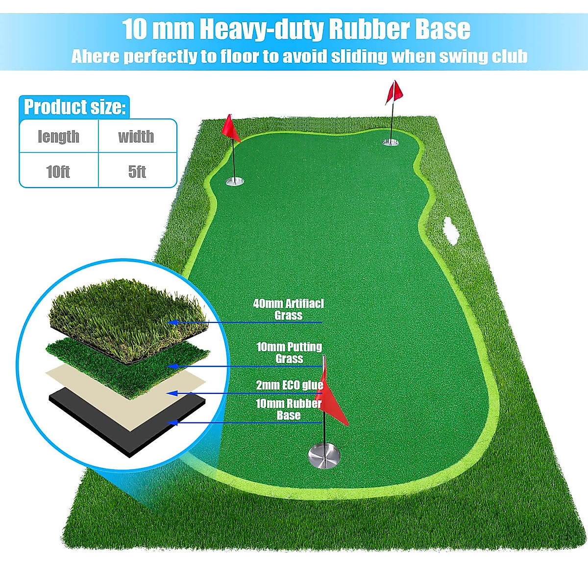 BOBURN Golf Putting Green/Mat-5x10FT Golf Training Mat- Professional Golf Practice Mat- Green Long Challenging Putter for Indoor/Outdoor
