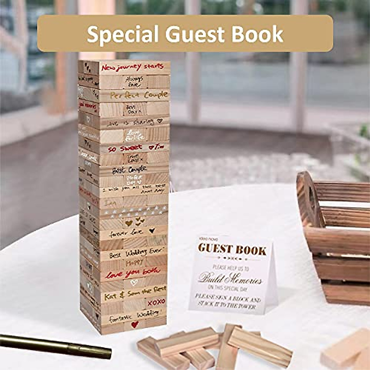 Wedding Guest Book Alternative, 72 PCS Wooden Block Guest Book for Wedding Sign In, Reception, Baby Shower, Guestbook for Wedding, Unique Wedding Book w 4 Paper Signs and 4 Color Signing Pens