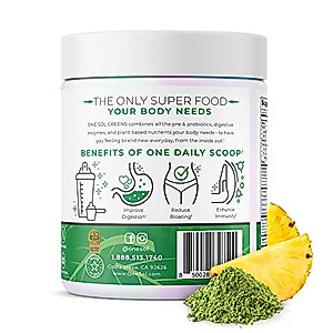 One Sol Greens, Super Greens Powder to Reduce Bloating & Improve Gut Health, Superfood Fresh Bloom Organic Greens Blend Juice & Smoothie Mix, Pre & Probiotic with Digestive Enzymes, Vegan & Soy Free