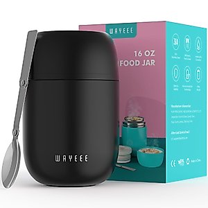 WayEee Food Containers for Hot Food Insulated Food Jar, Vacuum Bento Box Lunch Containers 16 oz for Kids Adults, Airtight Stainless Steel Soup Containers with Spoon, for School, Travel, Picnic - Black