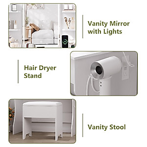 Small Vanity Desk with Mirror and Lights, Makeup Vanity Mirror with Lights Desk and Chair & 6 Shelves Compact White Vanity Mirror with RGB LED Lights 3 Lighting Adjustable Dressing Table for Women