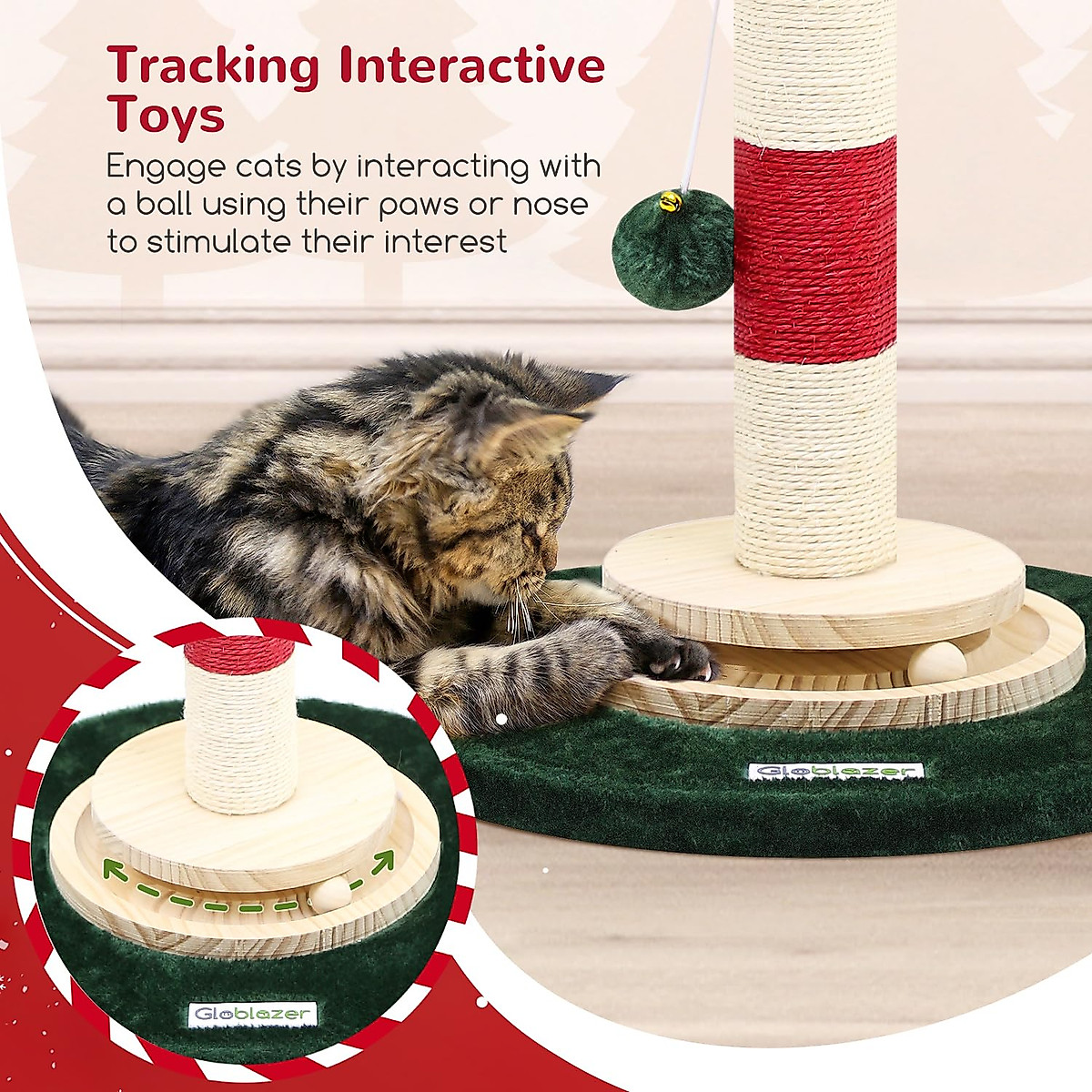 Globlazer Xmas32 Christmas Cat Scratching Posts for Indoor Cats Adults, 32 inch Xmas Cat Scratching Post Cat Scratcher Sisal Large Cat Scratching Post with Modern Wooden Ball Tracking Interactive Toys