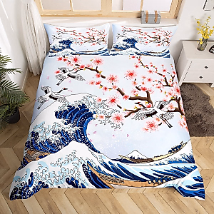 Feelyou Cherry Blossoms Bedding Set Chic Crane Duvet Cover for Kids Girls Women Ocean Wave Decor Comforter Cover Pink Japanese Ukiyoe Theme Bedspread Cover with 2 Pillowcases 3Pcs Bedding Queen