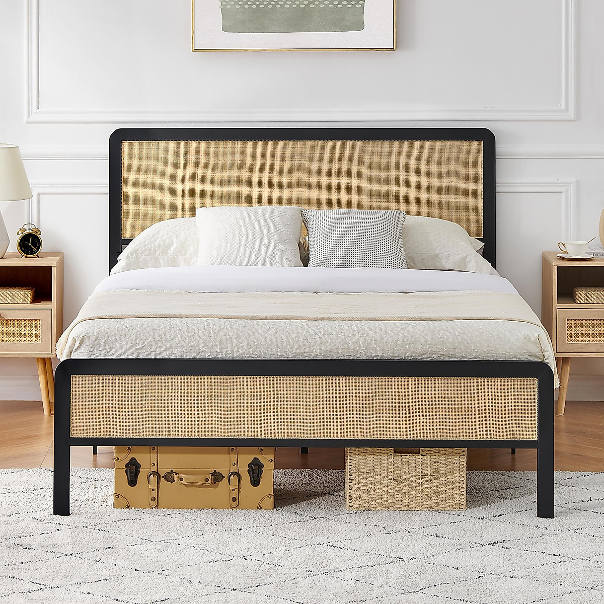 Alkmaar Full Size Metal Bed Frame with Rattan Headboard and Footboard, Platform Bed Frame with Safe Rounded Corners, Under Bed Storage, Strong Metal Slat Support, No Box Spring Needed