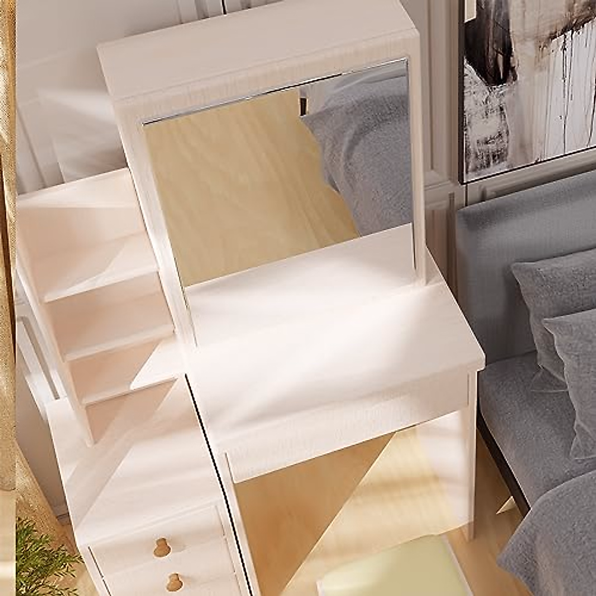 Susici Modern Makeup Vanity Table with Adjustable Lighted Mirror,Dressing Table Set with High Capacity Storage Drawers Shelves&Cushioned Stool,Vanity for Bedroom (Sliding Square Mirror2, 31.5x14x51)