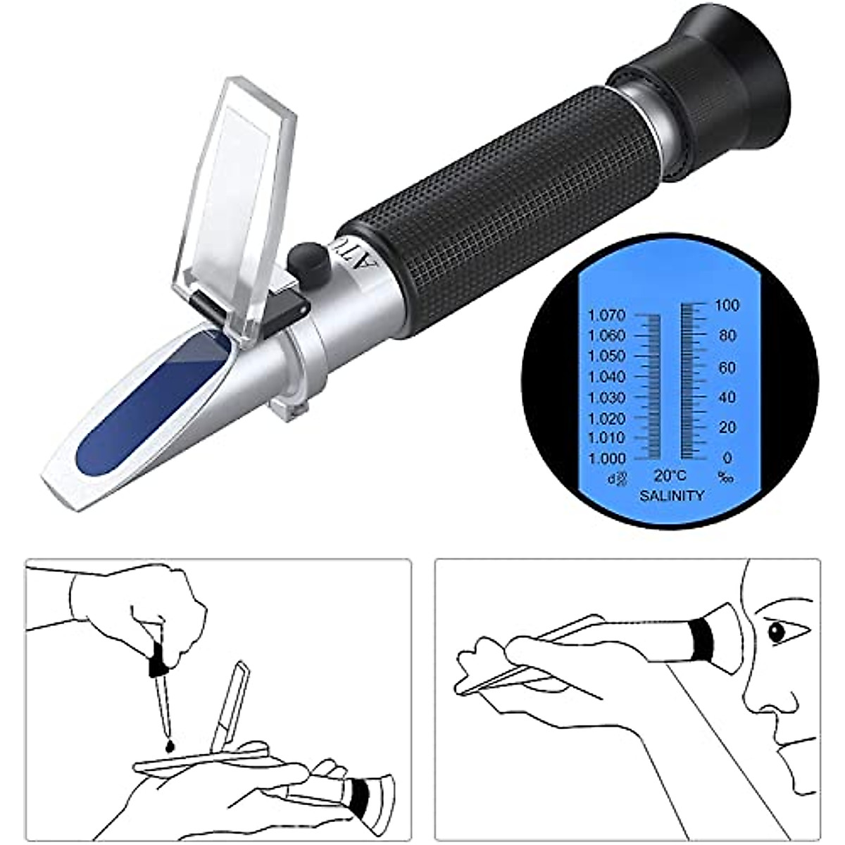 AUTOUTLET Salinity Refractometer Saltwater Aquarium for Seawater, Pool, Tank, Marine, Fishkeeping, 0-100PPT & 1.000-1.070 Salinity Tester with ATC Function Salinity Hydrometer Kit