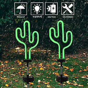 Bannad Solar Garden Stake Lights Outdoor Pathway Light for Lawn Patio Yard Walkway Neon Green Cactus Lighting, 2 Pack