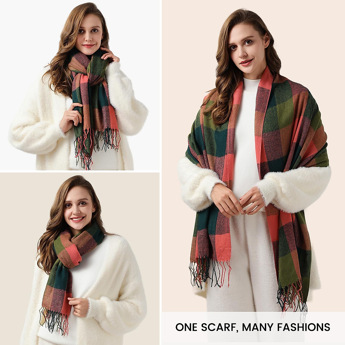 Scarf for Women - Women's Fall Winter Scarfs, Classical Scottish Checked Long Shawl Wrap Scarf, Soft and Warm Cashmere Scarf, Scarves for Women Lightweight- Pink & Green
