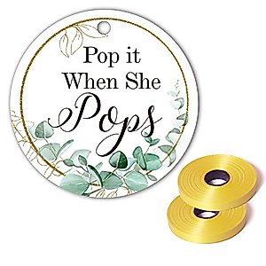 Pop It When She Pops Bottle Tags, Pack of 50 Green Round Mini Champagne Beer Wine Bottle Tags, Baby Shower Favor Tags with 65 Feet Golden Ribbon, 2 Inch.