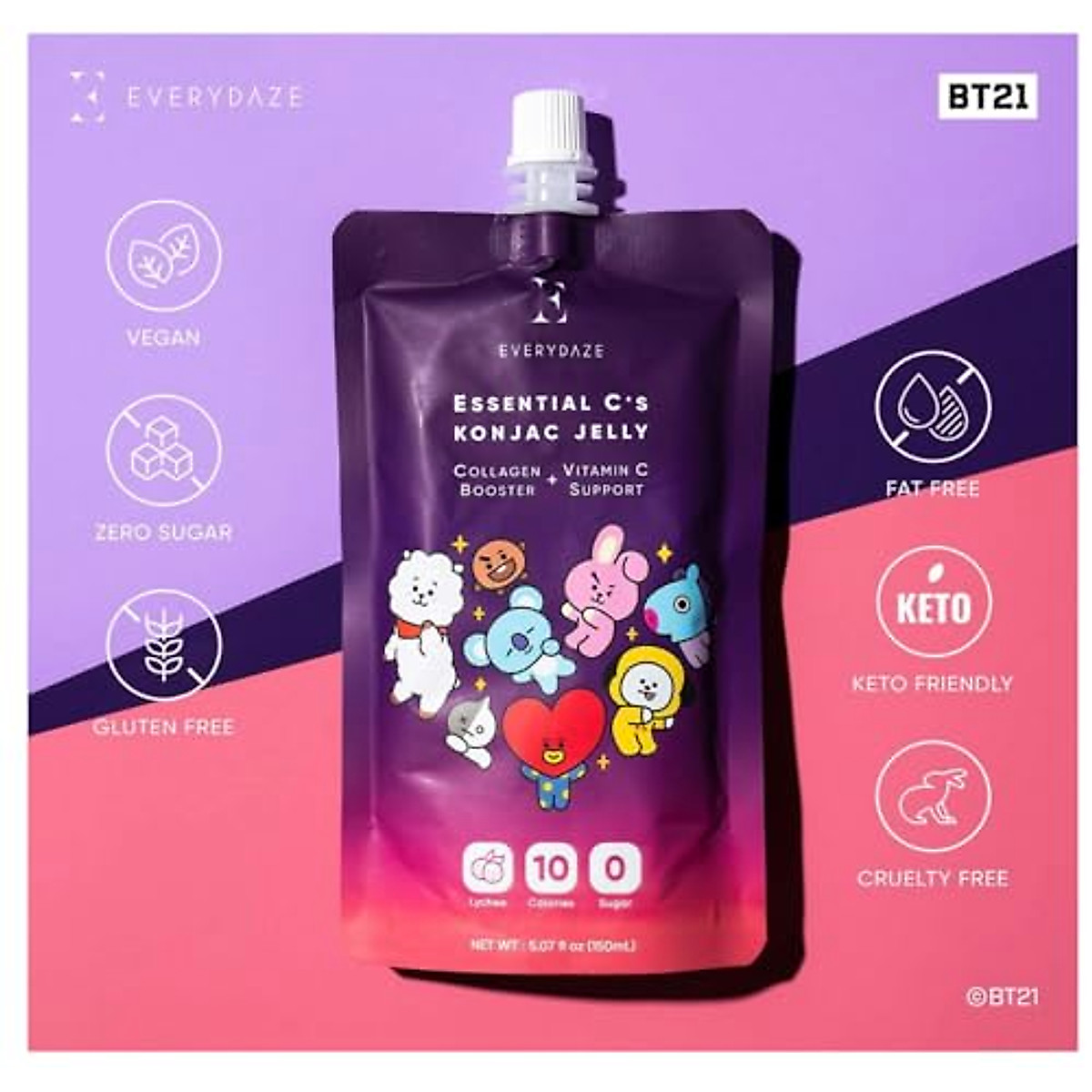 EVERYDAZE BT21 Essential C’s Collagen + Vitamin C Konjac Jelly | Vegan, 10 Calories, 0 Sugar | Lychee | 10 Packs | Healthy Diet Pouch Drinkable Snack Drink, Weight Management