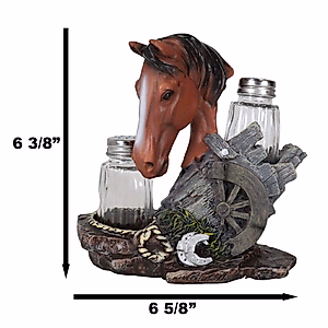 Ebros Country Western Chestnut Brown Stallion Horse By Farm Wagon Wheel Lasso Horseshoes Salt And Pepper Shakers Holder Figurine Set 6.25"High Old Fashioned Rustic Decor Statue (Chestnut Brown)