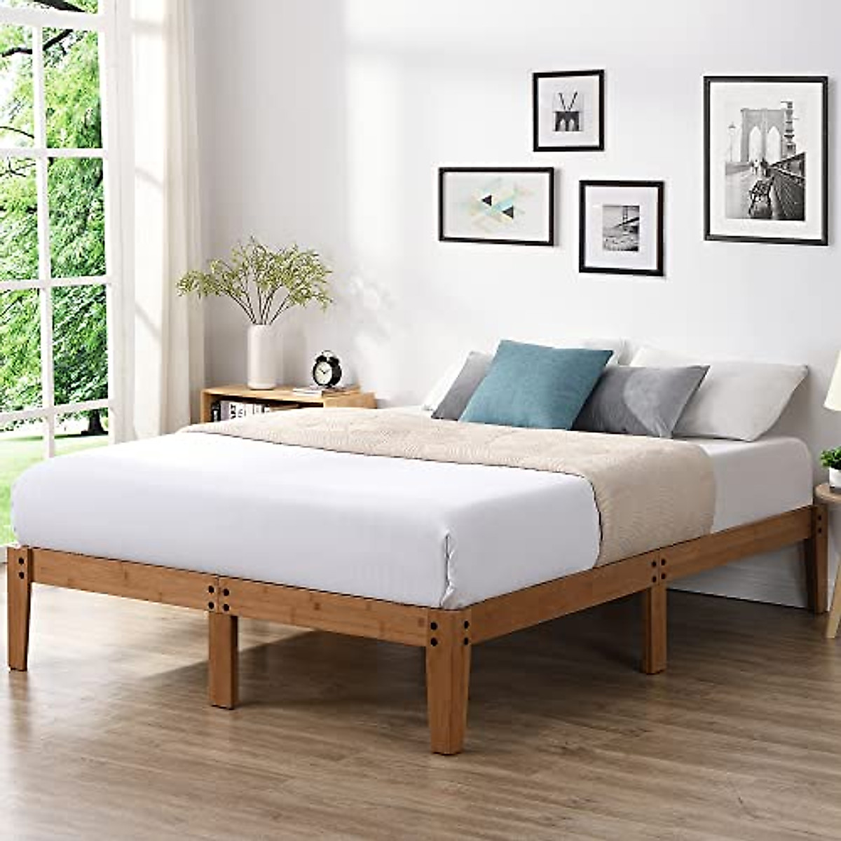 HW COMFORT 14 Inch Bamboo Wood Platform Bed Frame/Solid and Sturdy Platform Bed with Wooden Slats/No Box Spring Needed/Easy Assembly, Queen