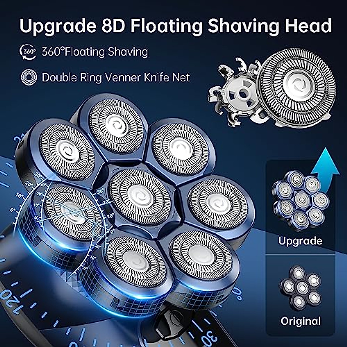 Head Shavers for Bald Men, 8D Floating Head Shaver with 3 Modes, IPX7 Waterproof Electric Razor Grooming Kit, USB Rechargeable